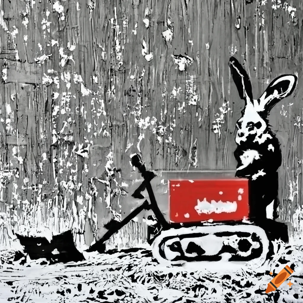 Banksy style black and white drawing of green rabbit and red snow ...