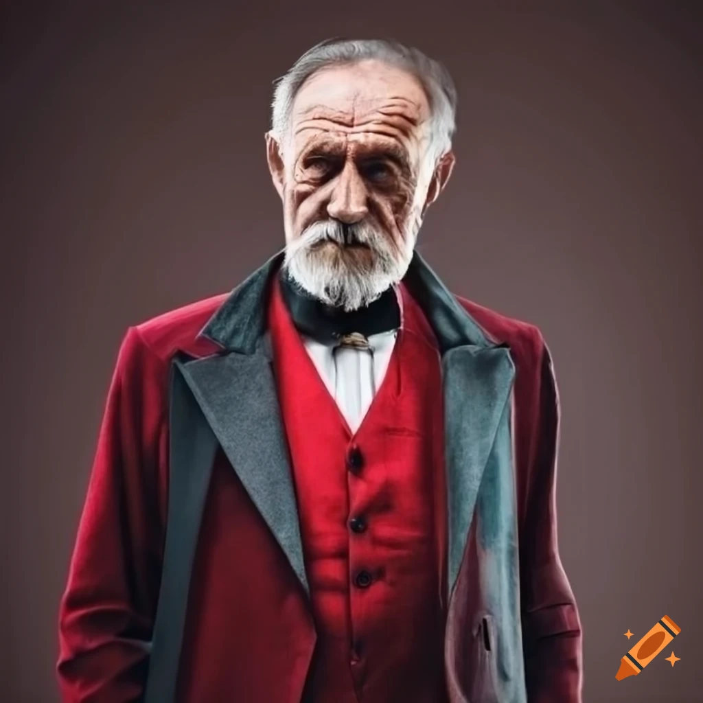 Portrait of a mature man in a red shirt and tailcoat suit on Craiyon