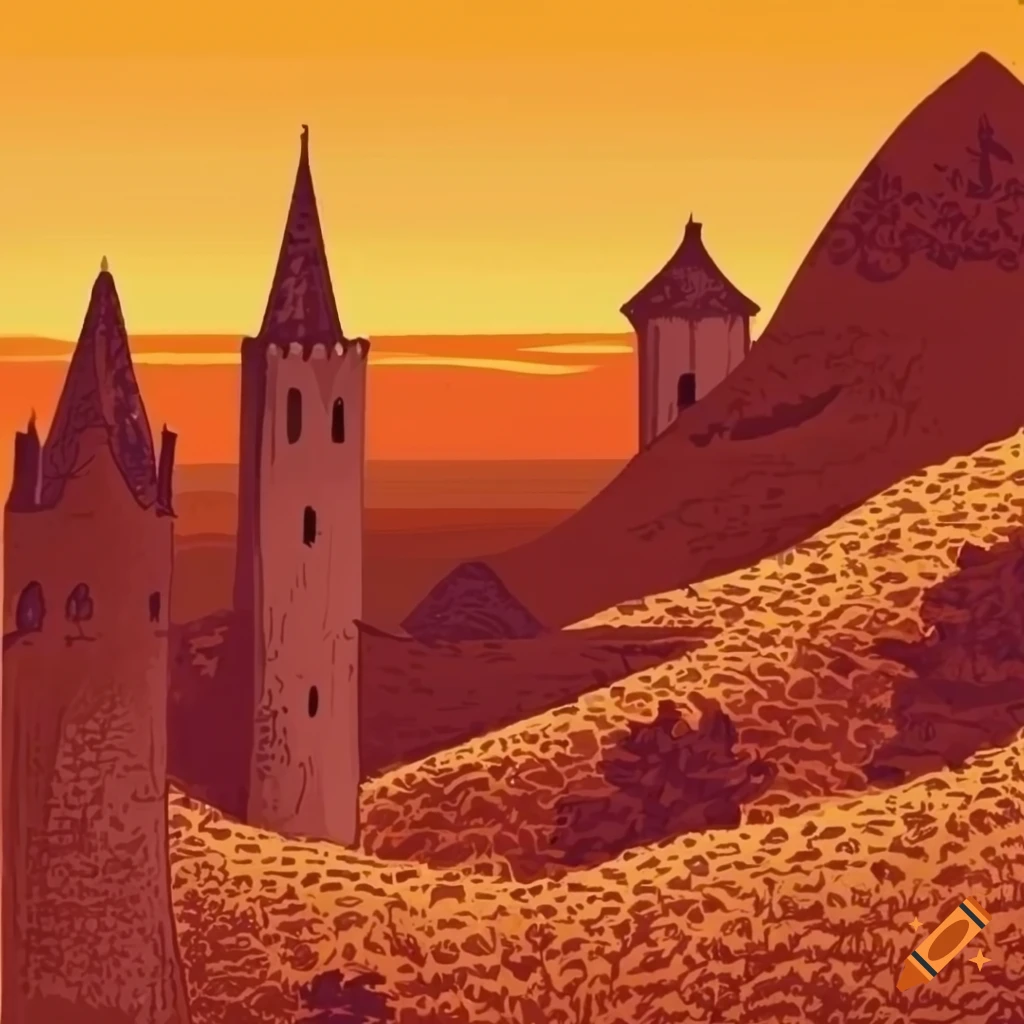 Line illustration of a medieval landscape