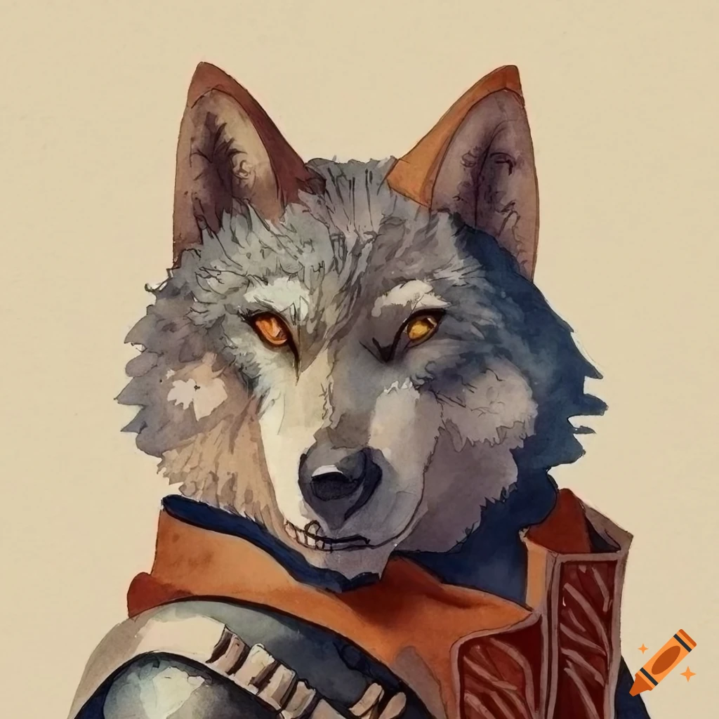 Watercolor portrait of a wolfkin knight by Johan Egerkrans on Craiyon