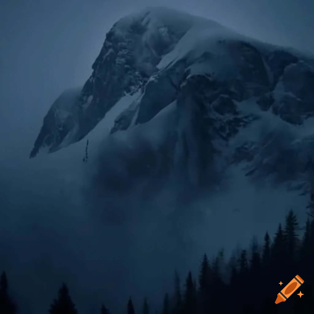 Dark snowy mountain landscape on a mysterious planet