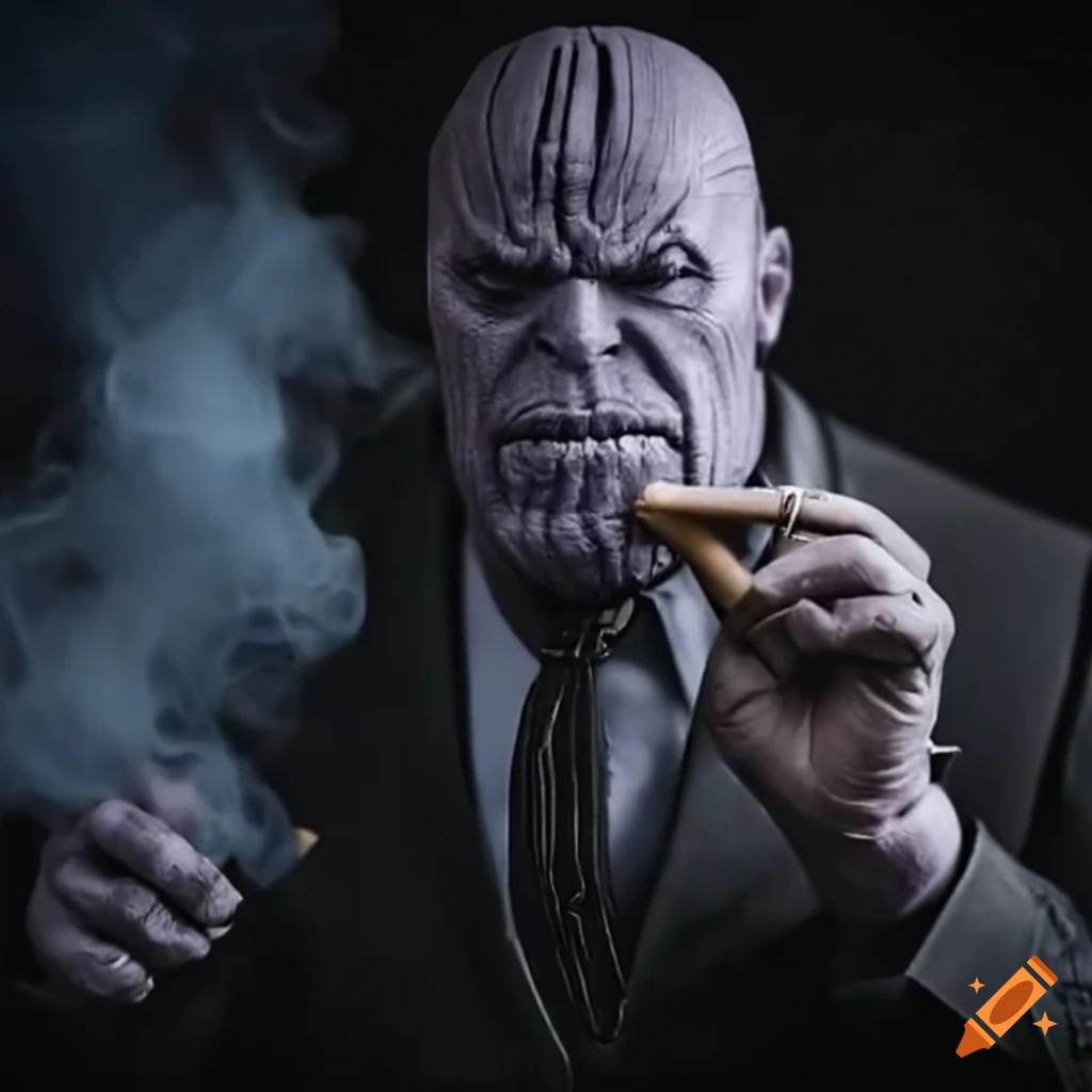 Picture of thanos in a suit smoking a cigarette