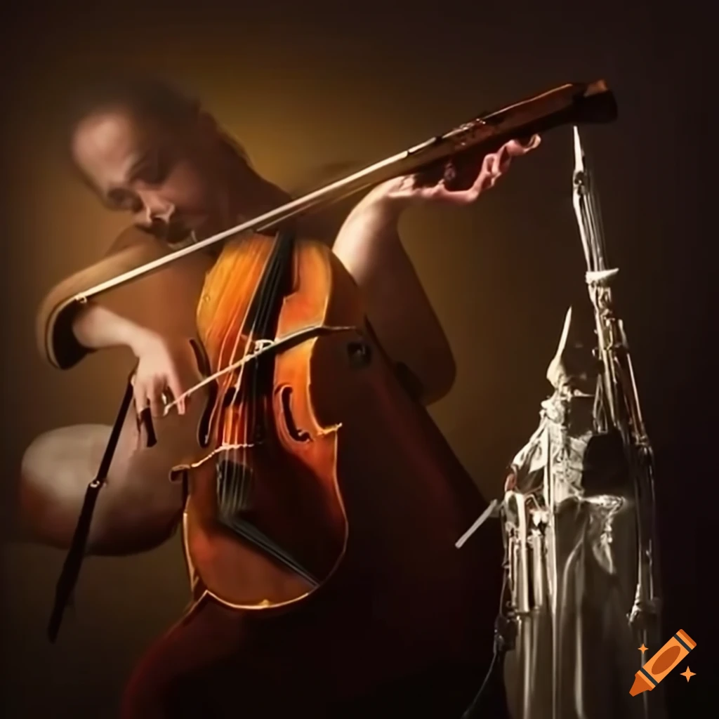 A person playing an instrument passionately on a stage on Craiyon