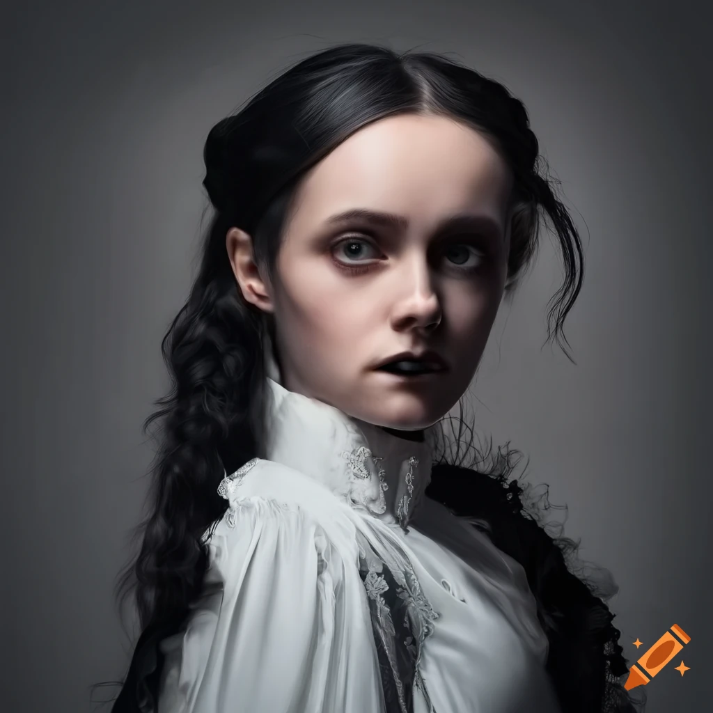 Portrait of a gloomy woman dressed in a Victorian black coat on Craiyon