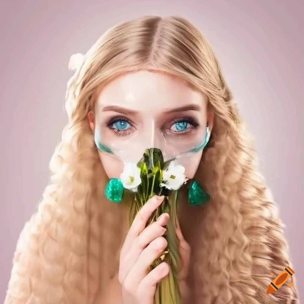 Blonde woman wearing oxygen mask with flowers on Craiyon