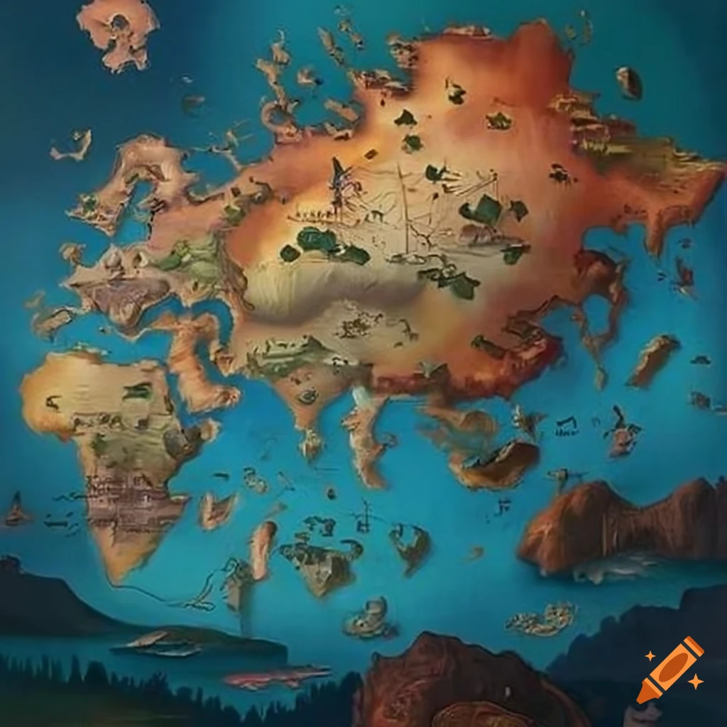 Oil painting of a fantasy world map