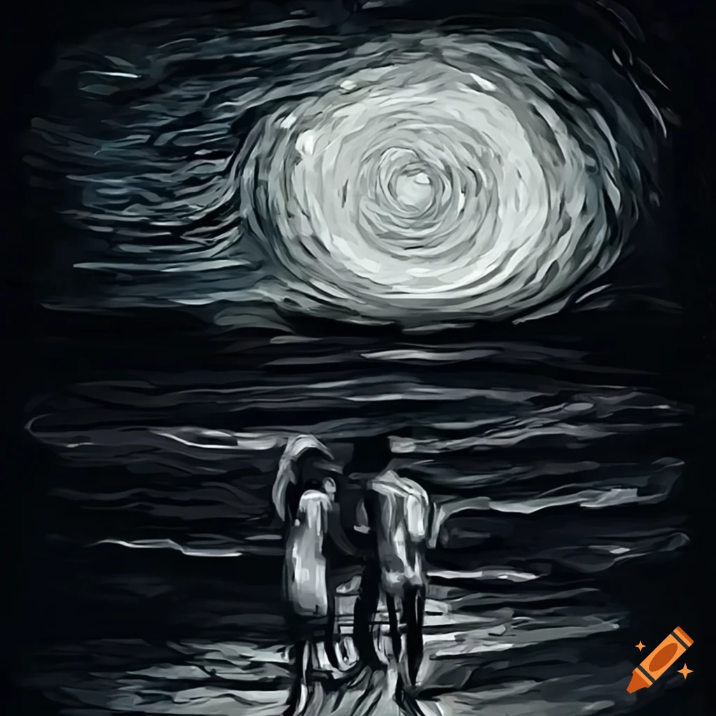 Painting of a couple kissing under starry night