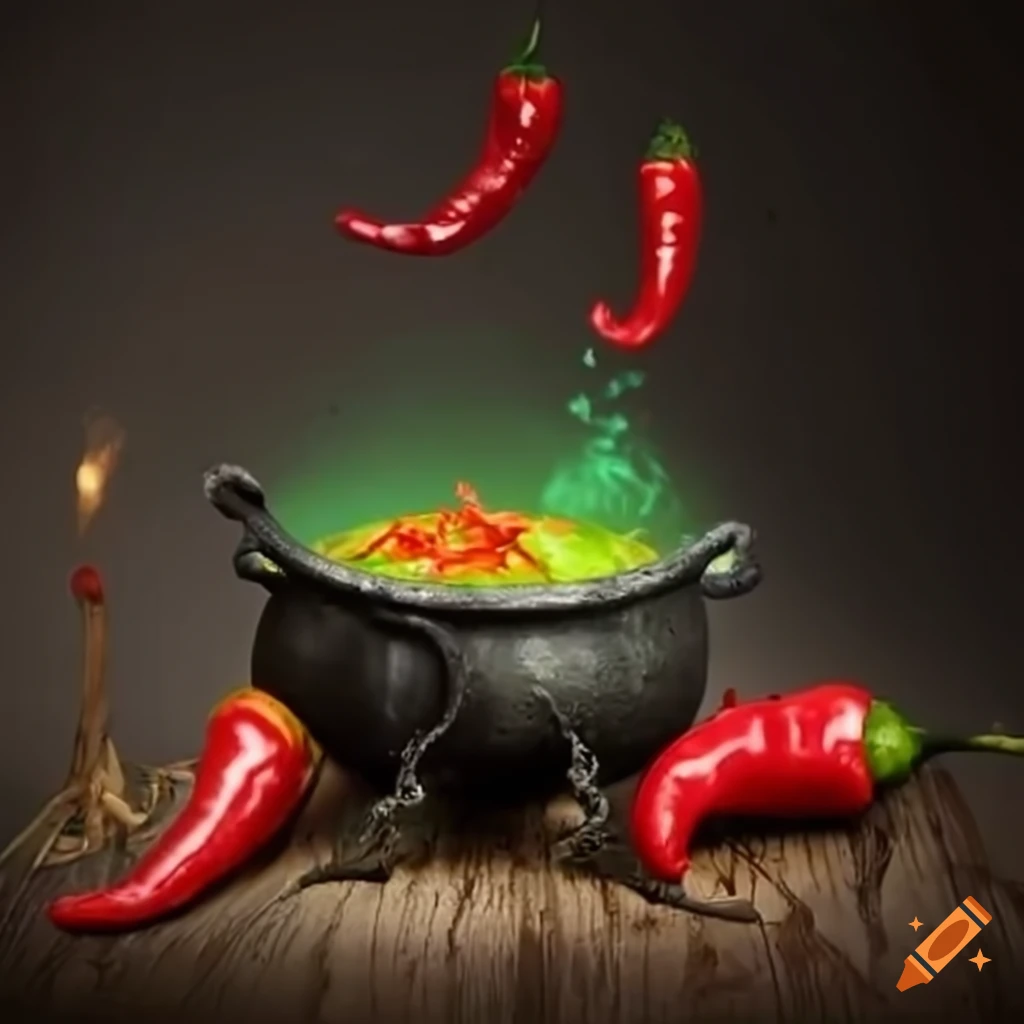 Image of witches cauldron with falling chili peppers