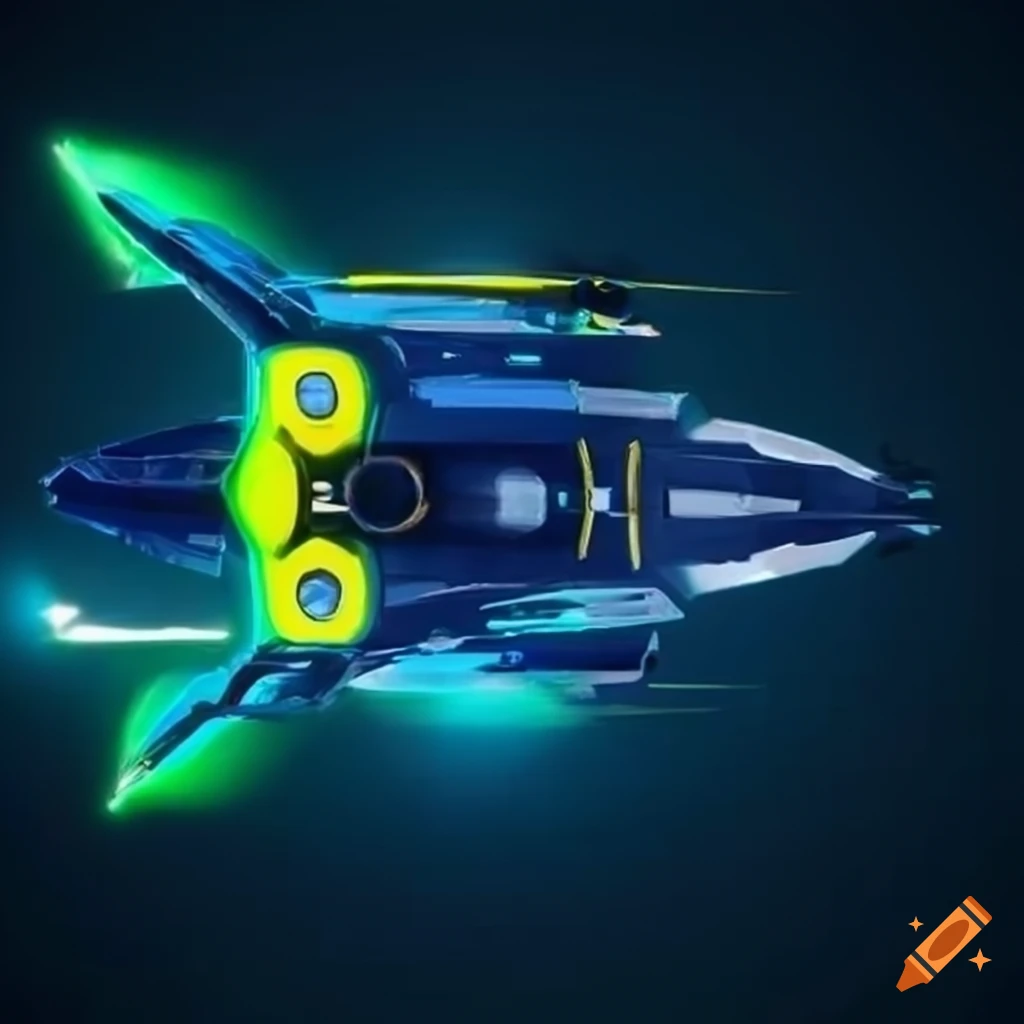 Concept art of a futuristic blue spaceship on Craiyon