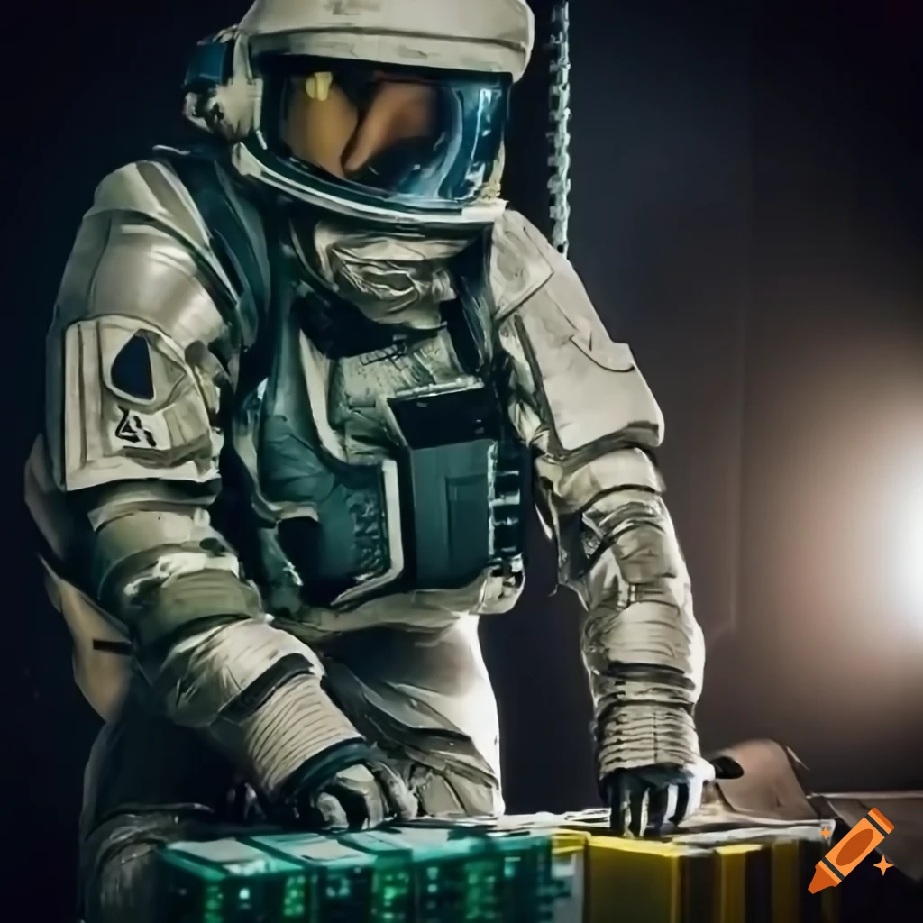 Image of a hecu soldier repairing equipment in a spacesuit on Craiyon