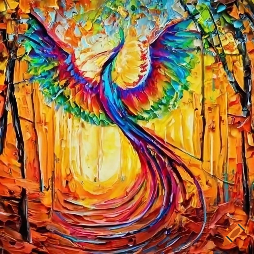 Knife palette painting of a rainbow phoenix in an autumn forest on Craiyon
