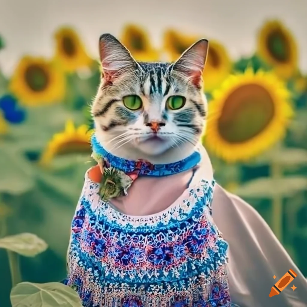Cat in sunflower field holding blue flowers on Craiyon