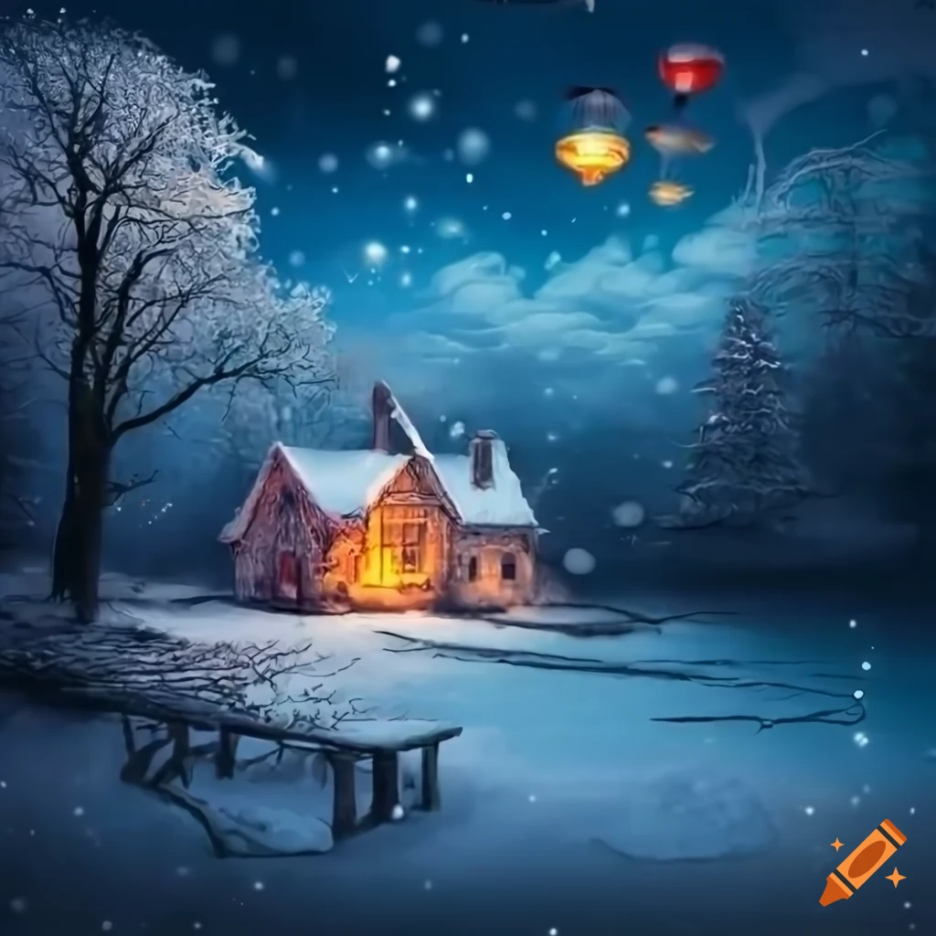 Surreal winter landscape with strange creatures and glowing sparks on ...