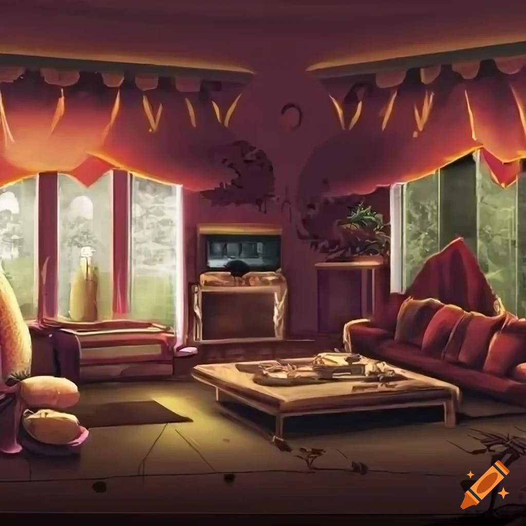 Luxurious fantasy living room with warm colors and plants on Craiyon