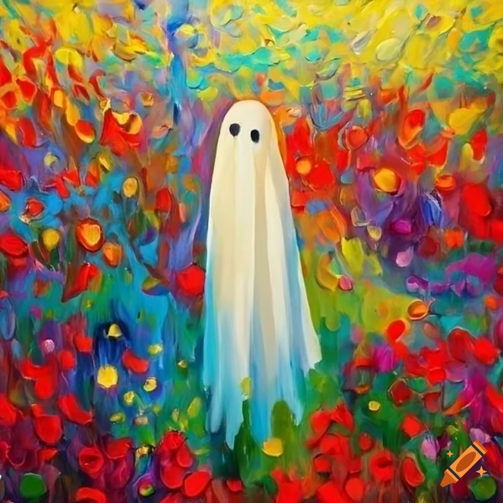 Oil painting of a colourful ghost in a field of flowers on Craiyon