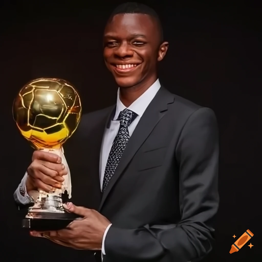 Patson daka celebrating with the ballon d'or trophy on Craiyon