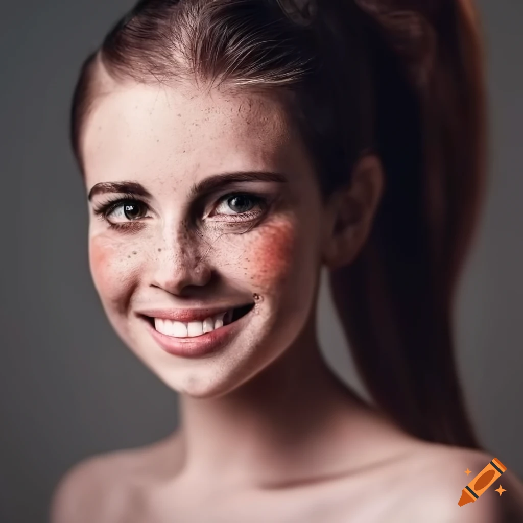 Portrait of a young woman with freckles and dark hair