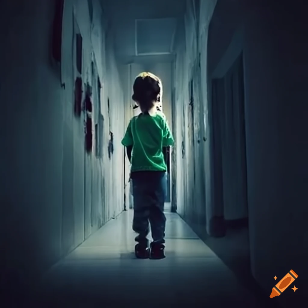 Boy encountering a monster in a spooky school hallway on Craiyon