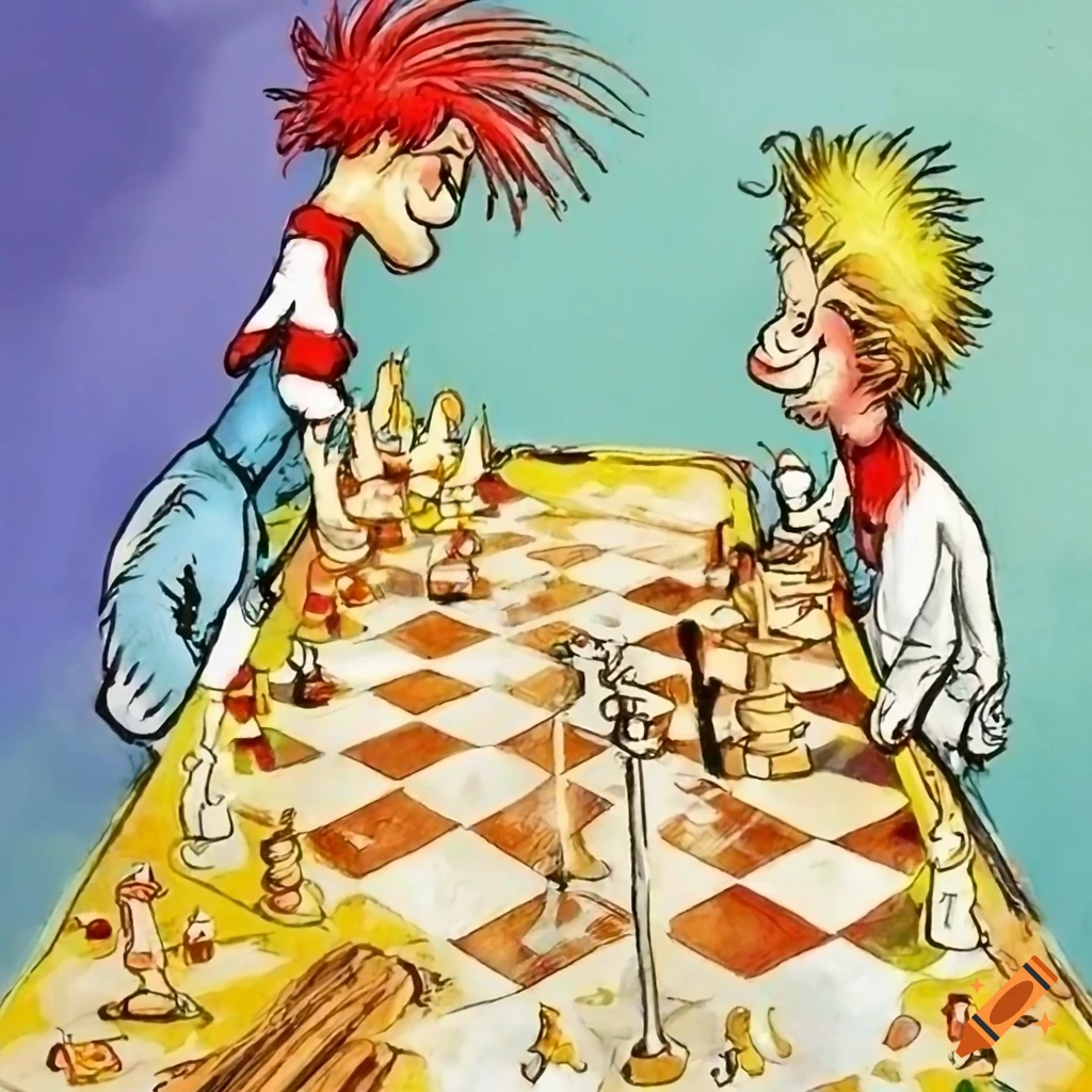 Colorful book illustration of a chess board with human pawns on Craiyon