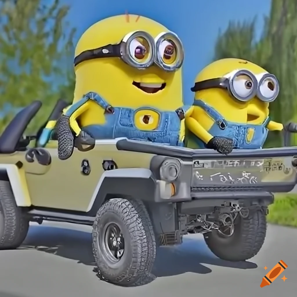 Minion with Rambo face markings driving a jeep on Craiyon