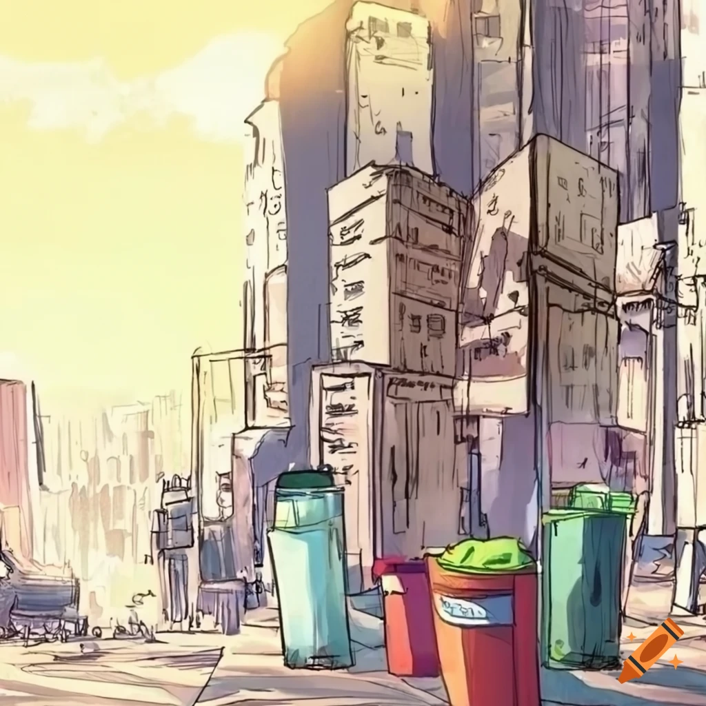 Sketch of a city with trash and trash bins on Craiyon