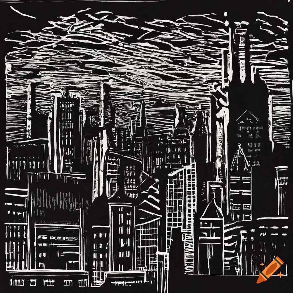 Linocut print of a cityscape on Craiyon