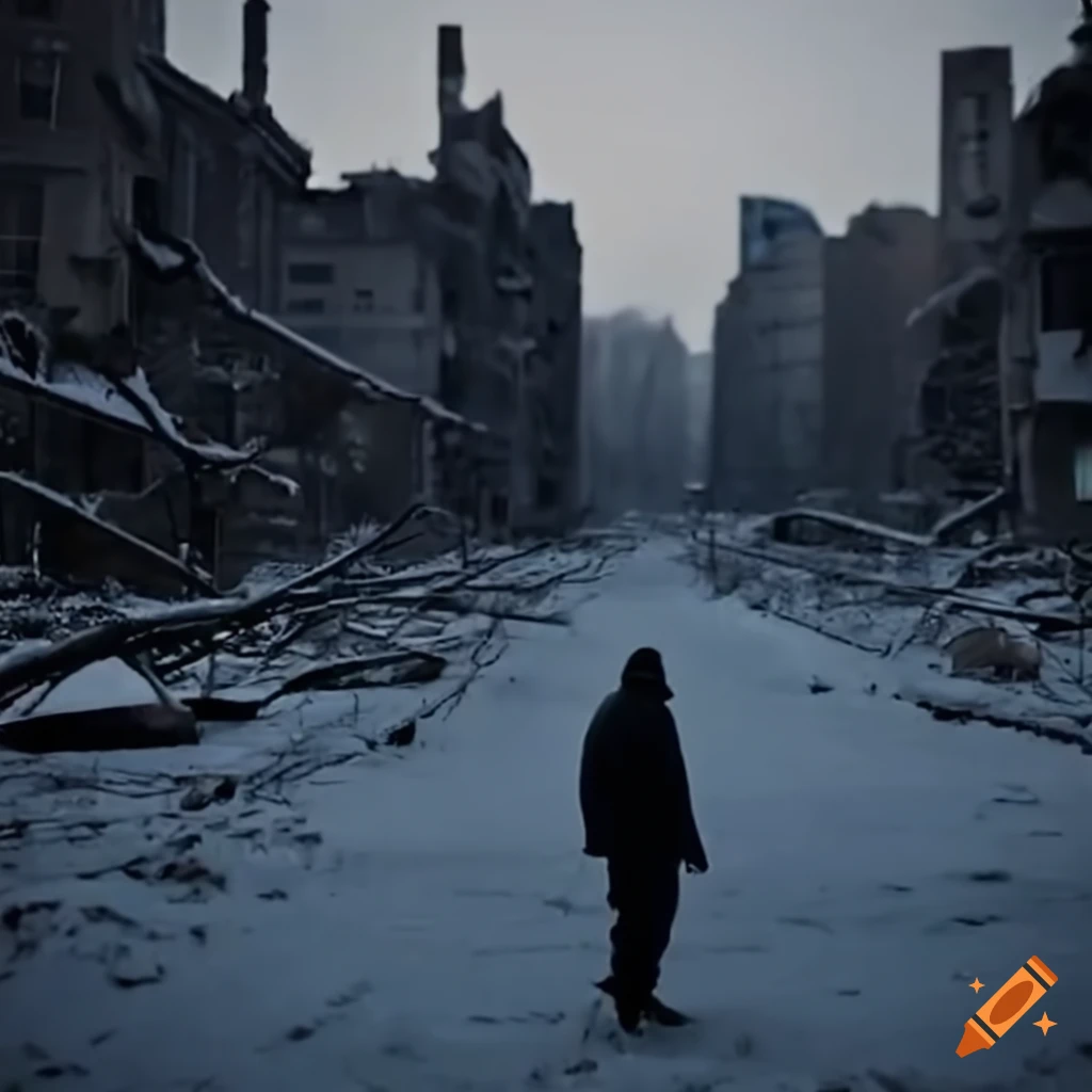 Image of a man walking in the snow in a war-torn city on Craiyon