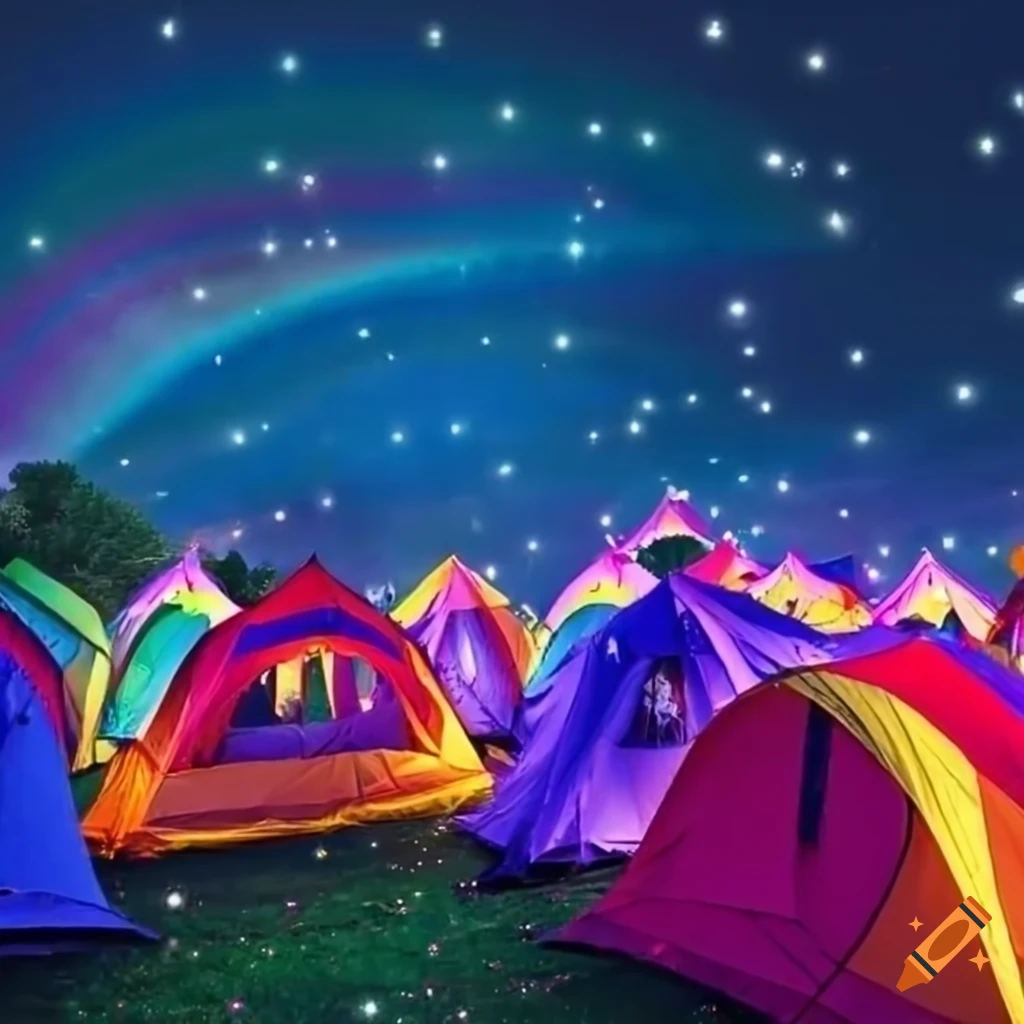 Colorful fantasy scene with adults walking through rainbow wonderland ...