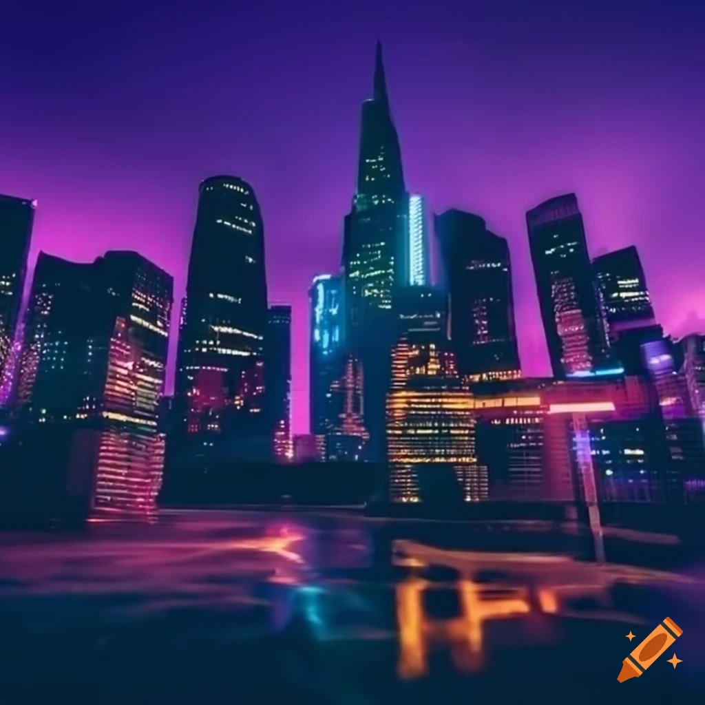 Night skyline with glowing neon lights on Craiyon