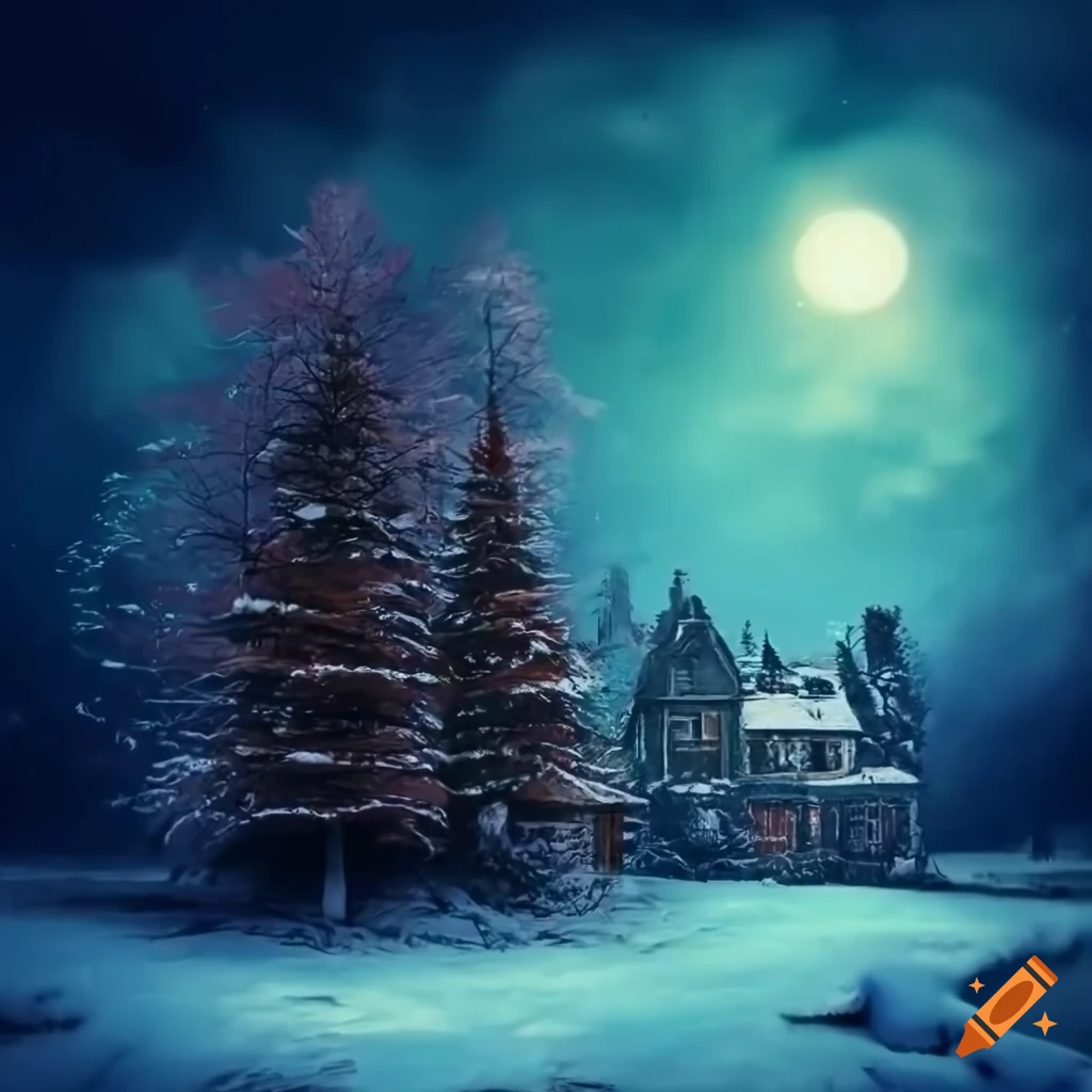 Surrealistic snowy park with strange creatures and fantasy clouds on ...