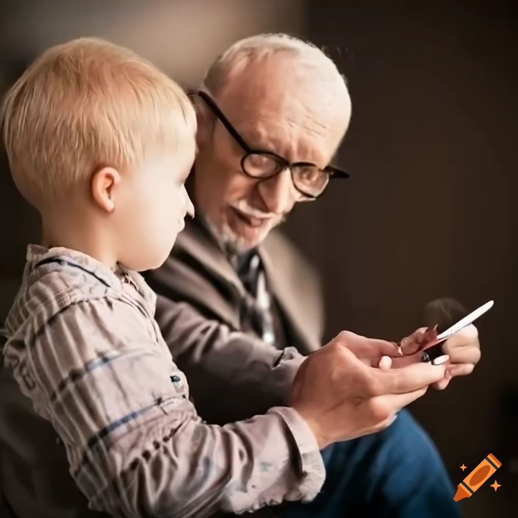 Young child helping elderly gentleman with technology on Craiyon