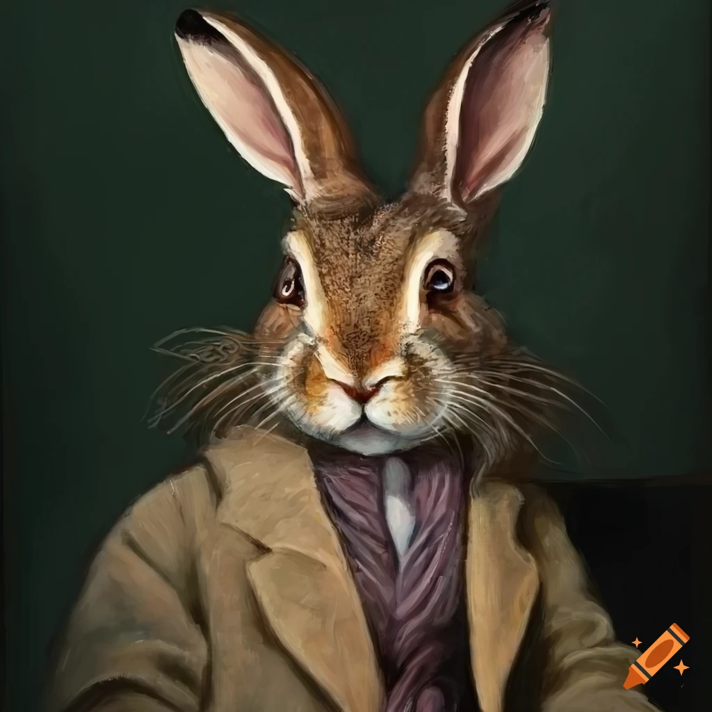 Oil portrait of a hare in a tweed jacket