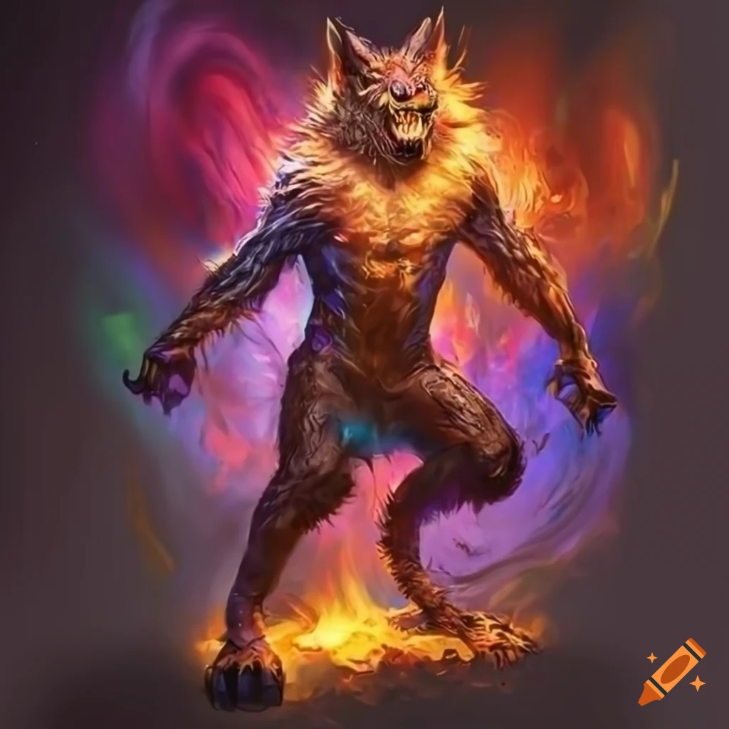 A winged werewolf with orange fur. its legs and arms are made of tree ...