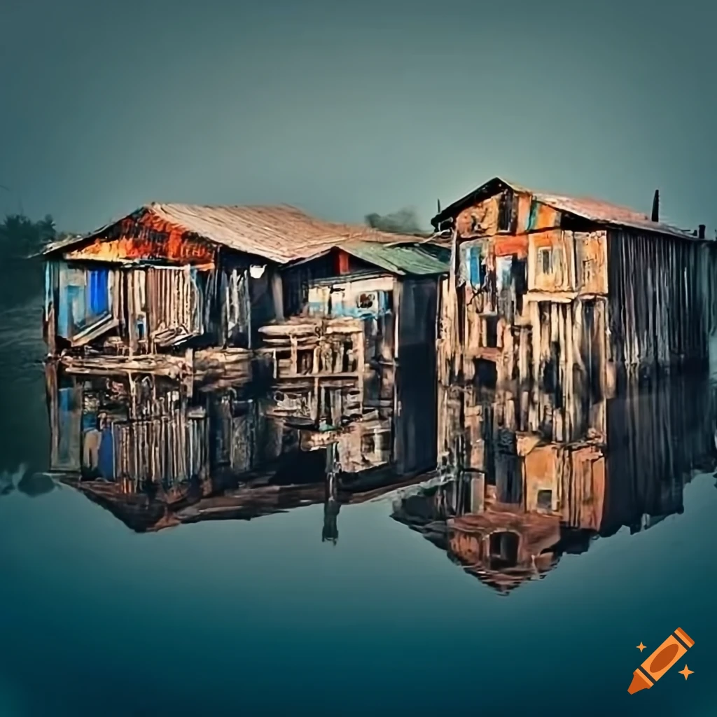 Photograph of city slums on stilts above a lake on Craiyon