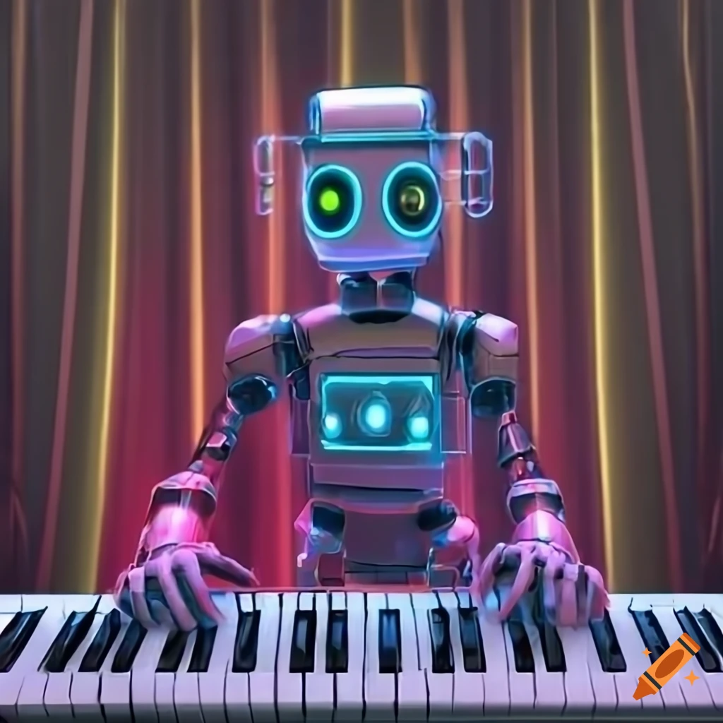 Shiny robot playing neon synth keyboard on Craiyon
