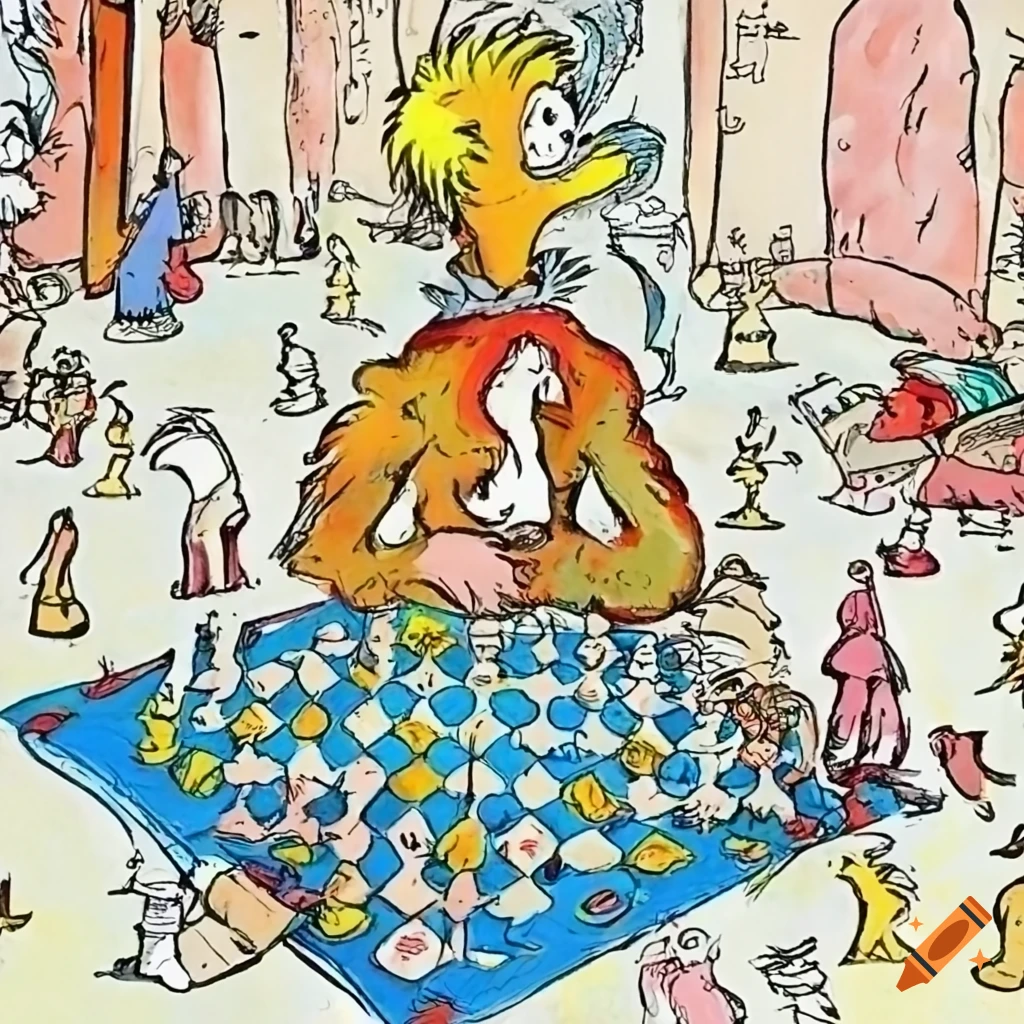 Colorful illustration of a chess board with human pawns on Craiyon