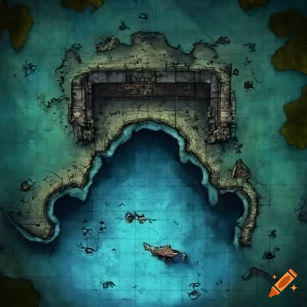 Top-down fantasy battlemap of a flooded cave on Craiyon