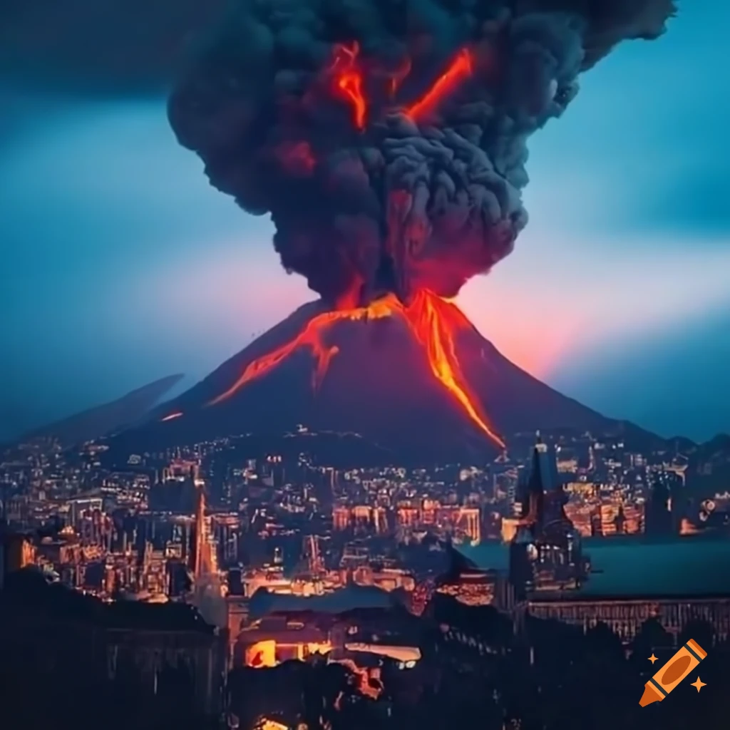 Fantasy city with erupting volcano in the backdrop on Craiyon