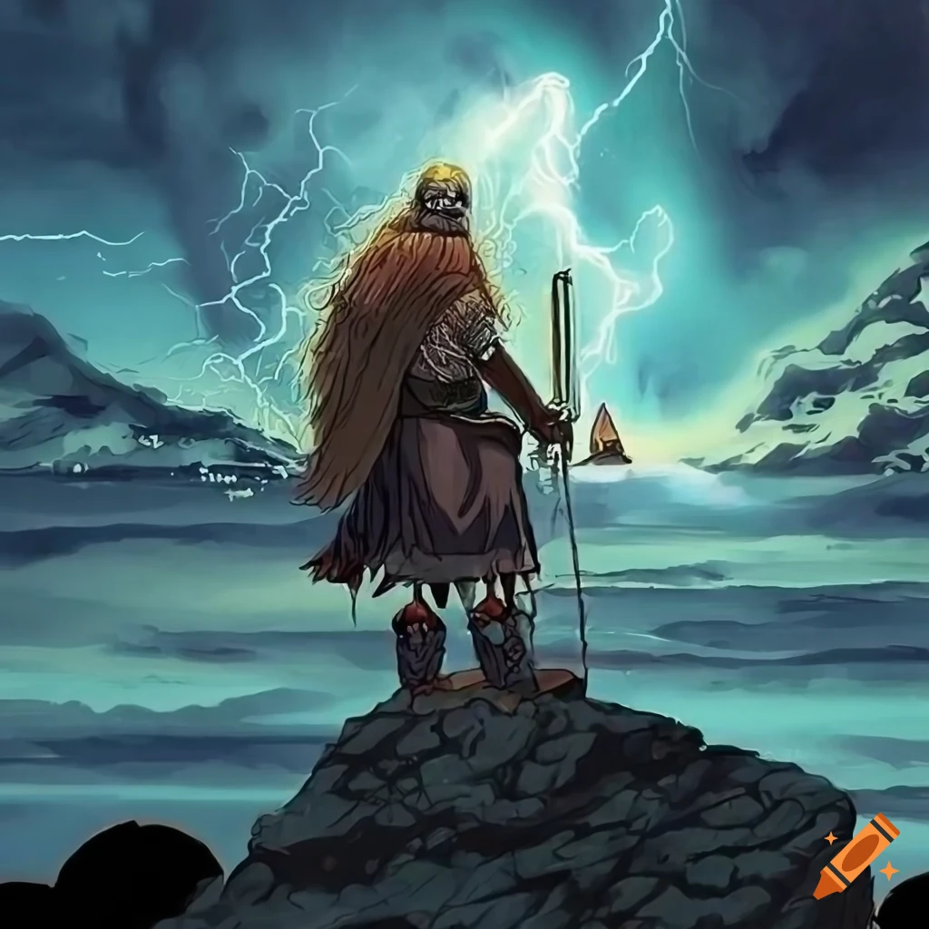 Surreal art of a Viking standing on a cliff during a thunderstorm on ...