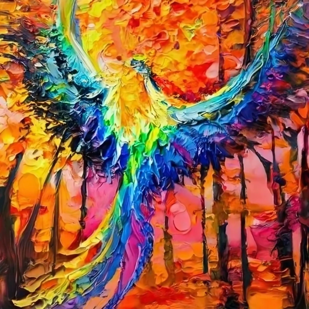 Palette knife painting of a rainbow phoenix in a forest on Craiyon