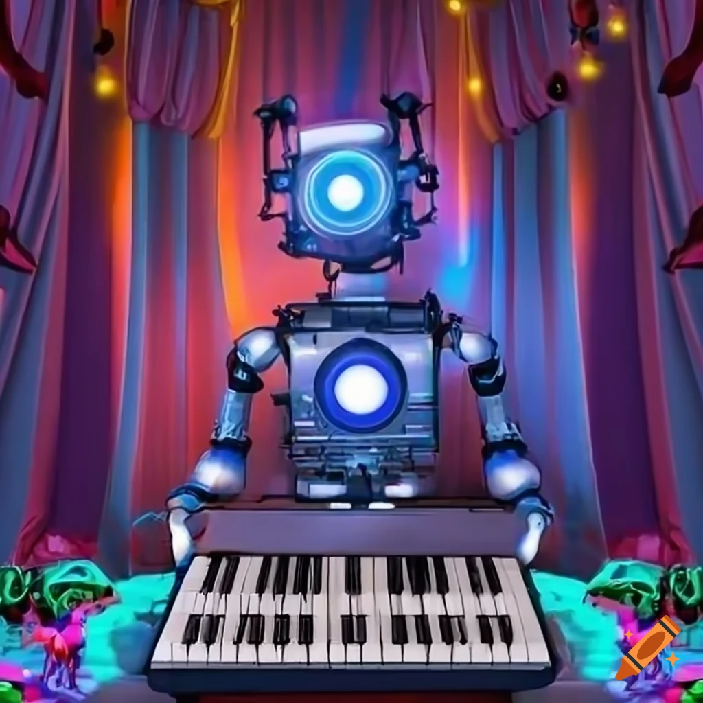 Synth-playing robot on stage on Craiyon