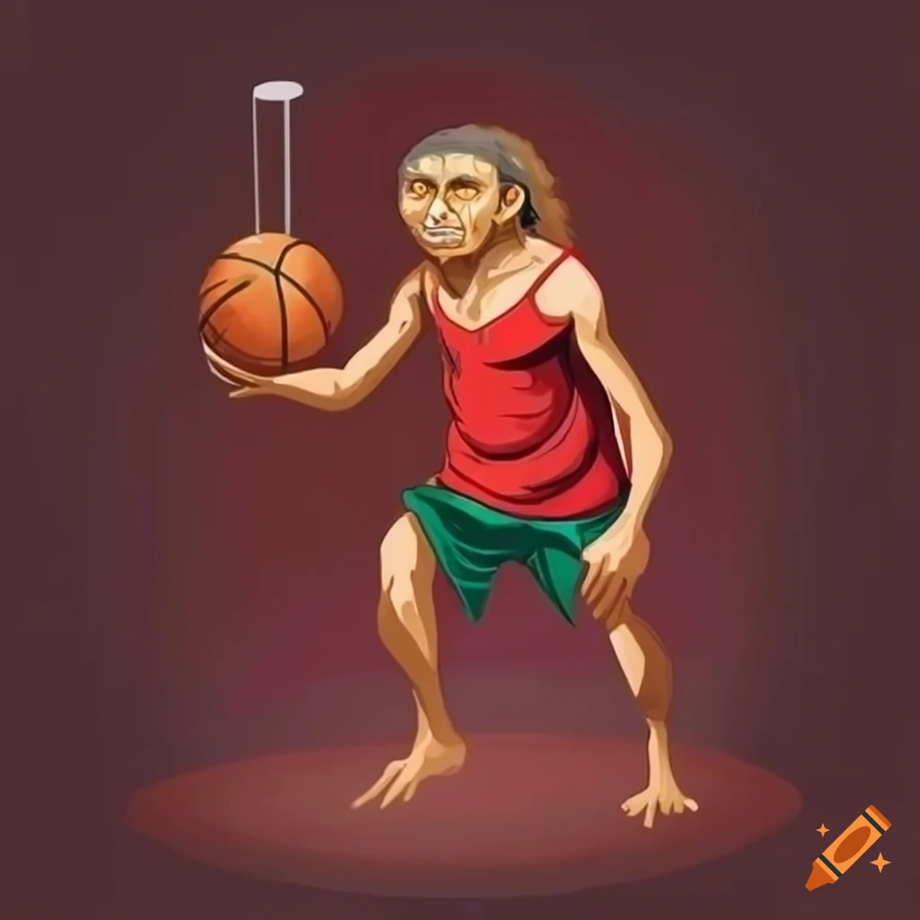 Illustration of a neanderthal playing basketball in a red jersey on Craiyon