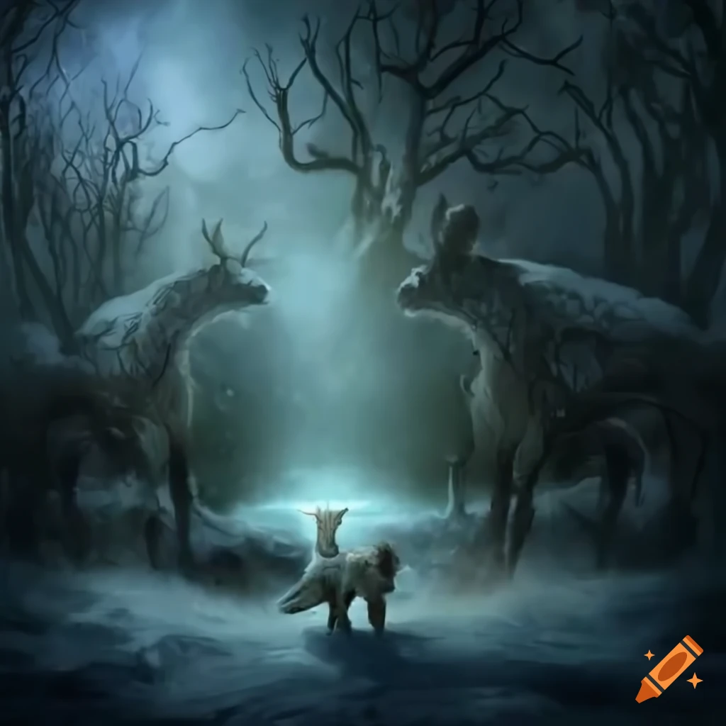 Surreal winter scene with sparkling snow in a magical park on Craiyon