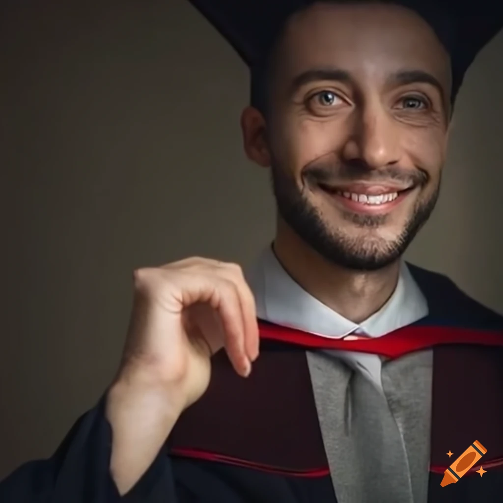 Photo of a french man with a phd graduation gown on Craiyon