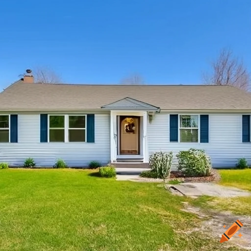 White ranch home with large porch and garage on Craiyon