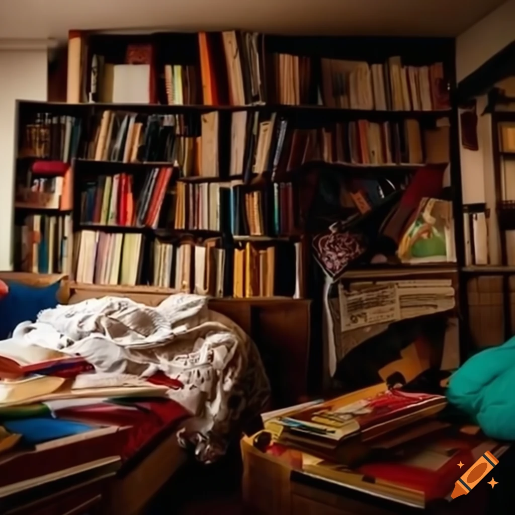 Messy bedroom with books scattered around
