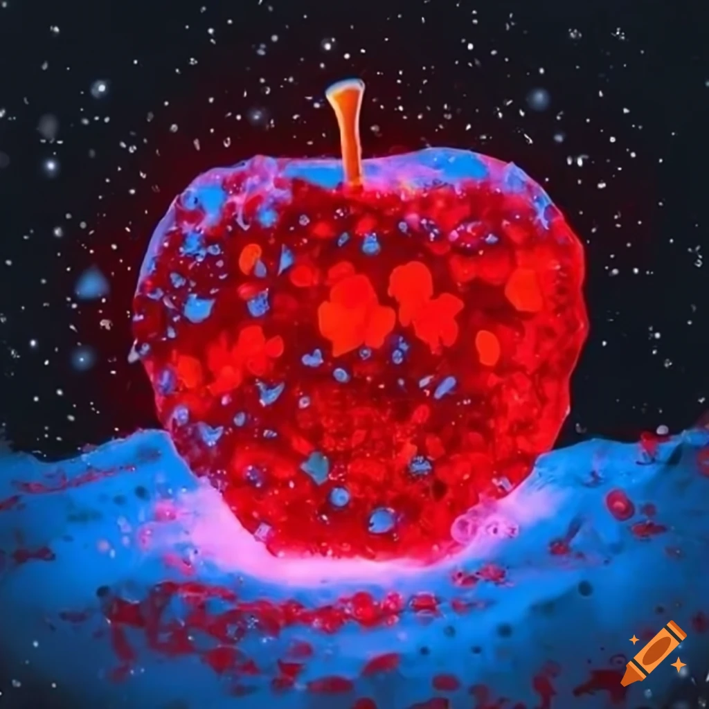 Red glowing crystal apple in a snowy landscape on Craiyon