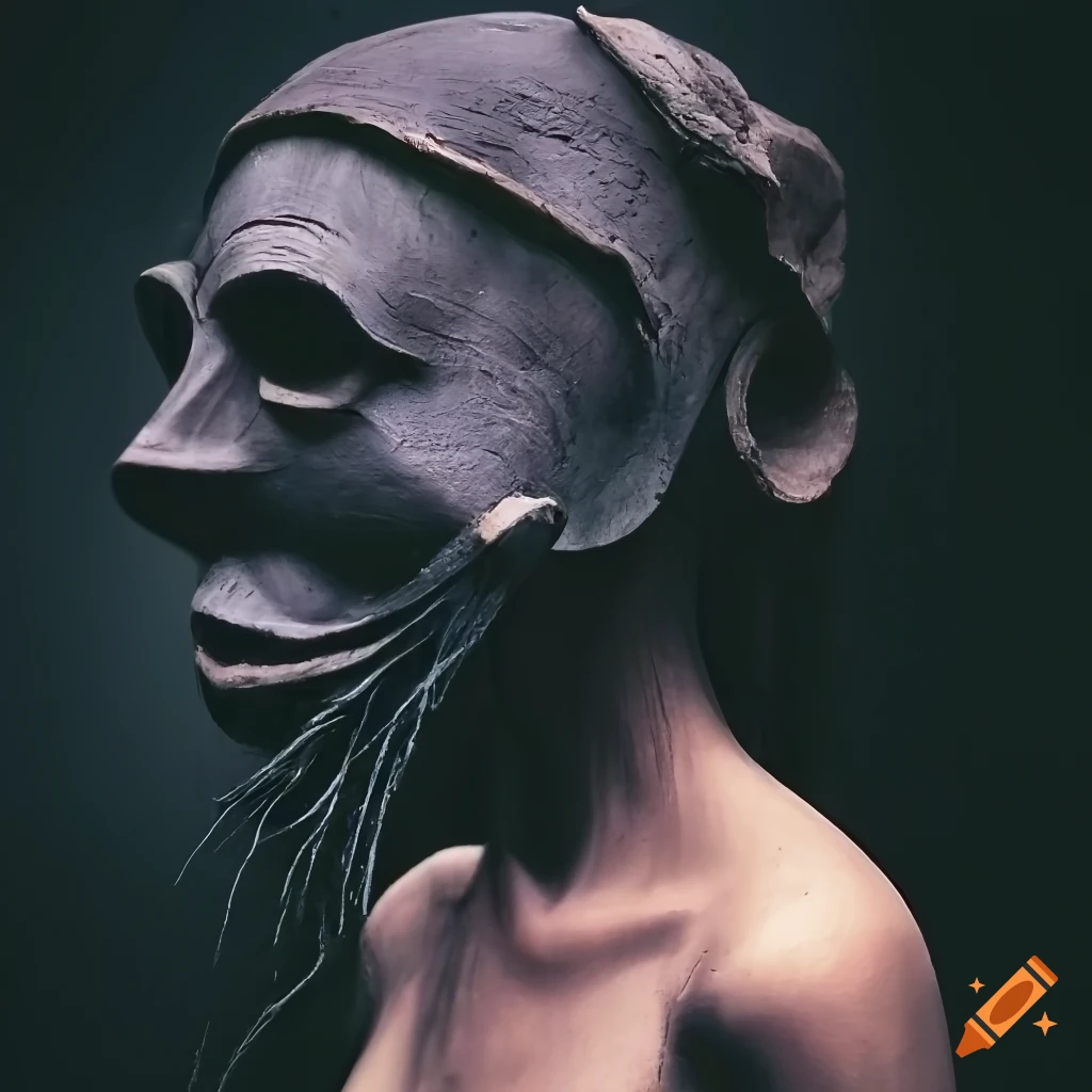 Charcoal-black whimsical full head woodcarving mask on Craiyon