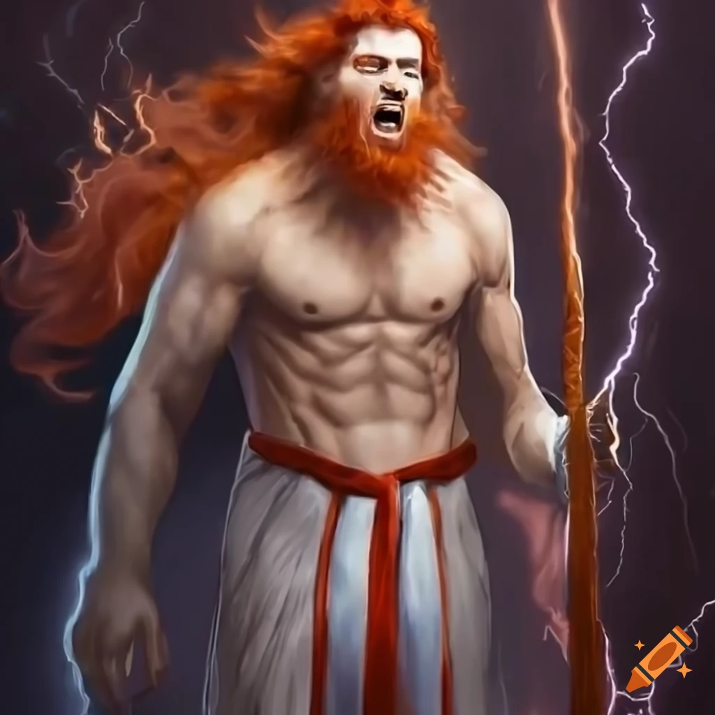 Digital artwork of a laughing giant with blue eyes and flowing red hair ...