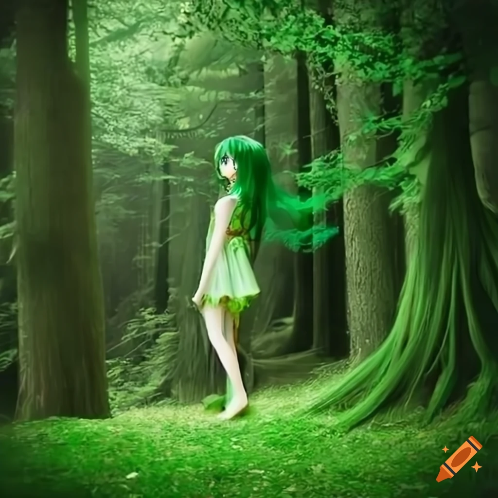 Anime girl with lime green hair in an enchanted forest on Craiyon